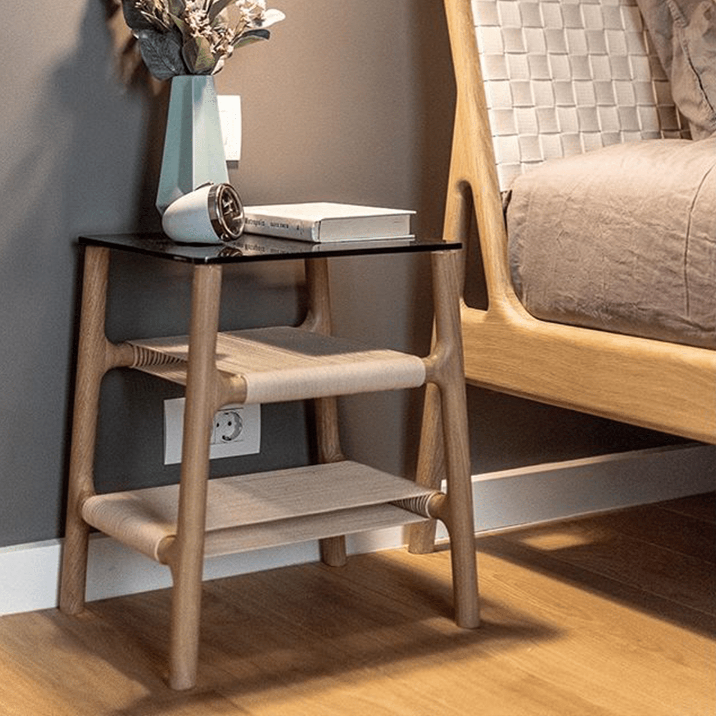 Fawn side table houten bijzettafel whitewash - met glazen tafelblad petrol - 42 x 34 cm ...